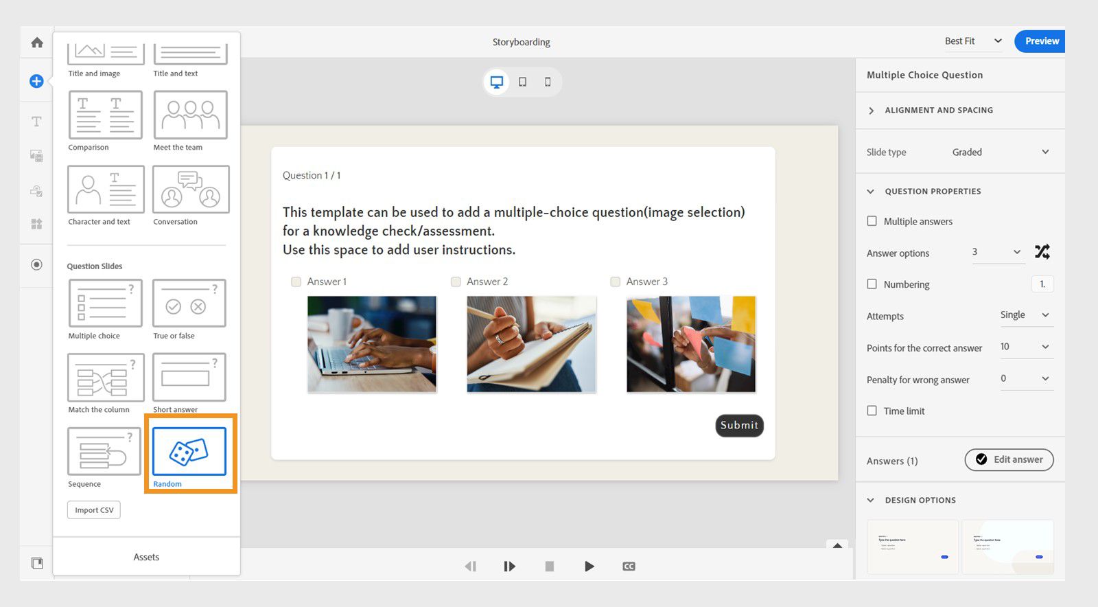Add Question Pools and random questions in Adobe Captivate